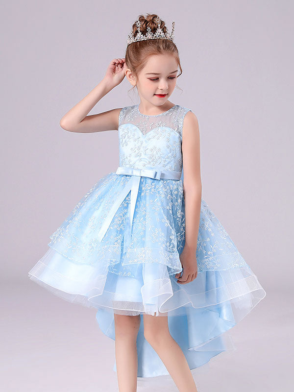 Blue Jewel Neck Sleeveless Short Princess Dress Sash Lace Kids Party D ...