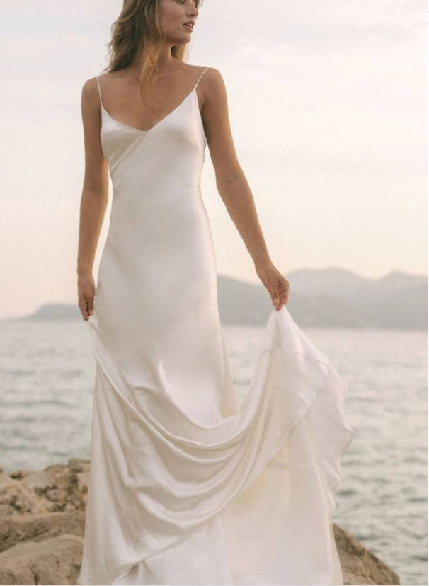 Open Back Silk Like Satin Wedding Dresses V-Neck – Dbrbridal
