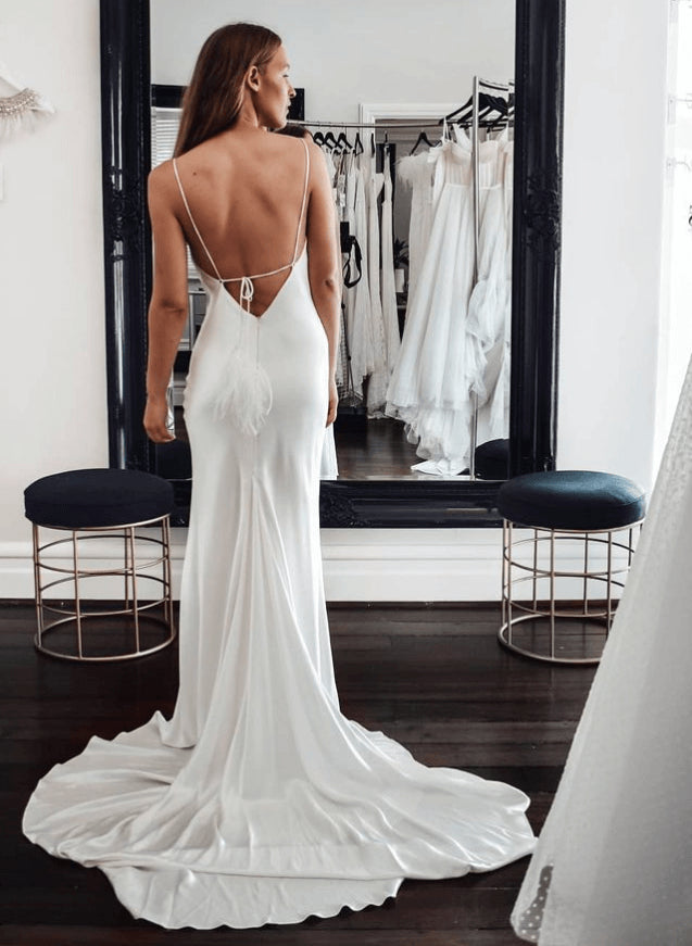 Open Back Silk Like Satin Wedding Dresses V-Neck – Dbrbridal