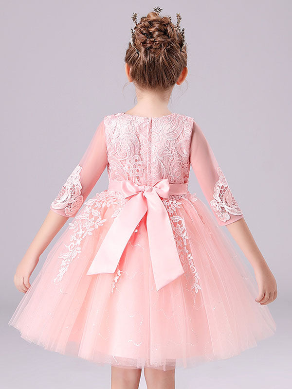 Pink Jewel Neck Lace Half Sleeves Short Princess Dress Kids Social Par ...