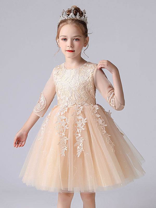 Pink Jewel Neck Lace Half Sleeves Short Princess Dress Kids Social Par ...