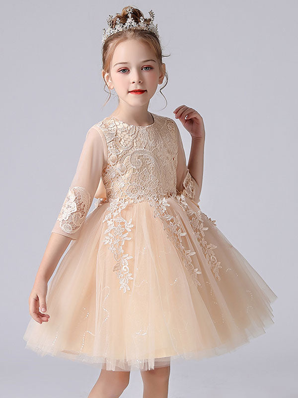 Pink Jewel Neck Lace Half Sleeves Short Princess Dress Kids Social Par ...