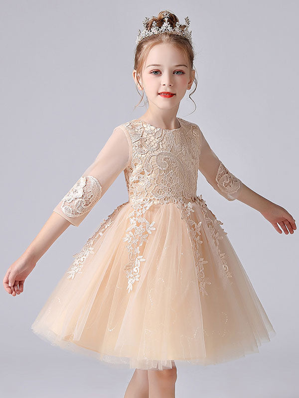 Pink Jewel Neck Lace Half Sleeves Short Princess Dress Kids Social Par ...